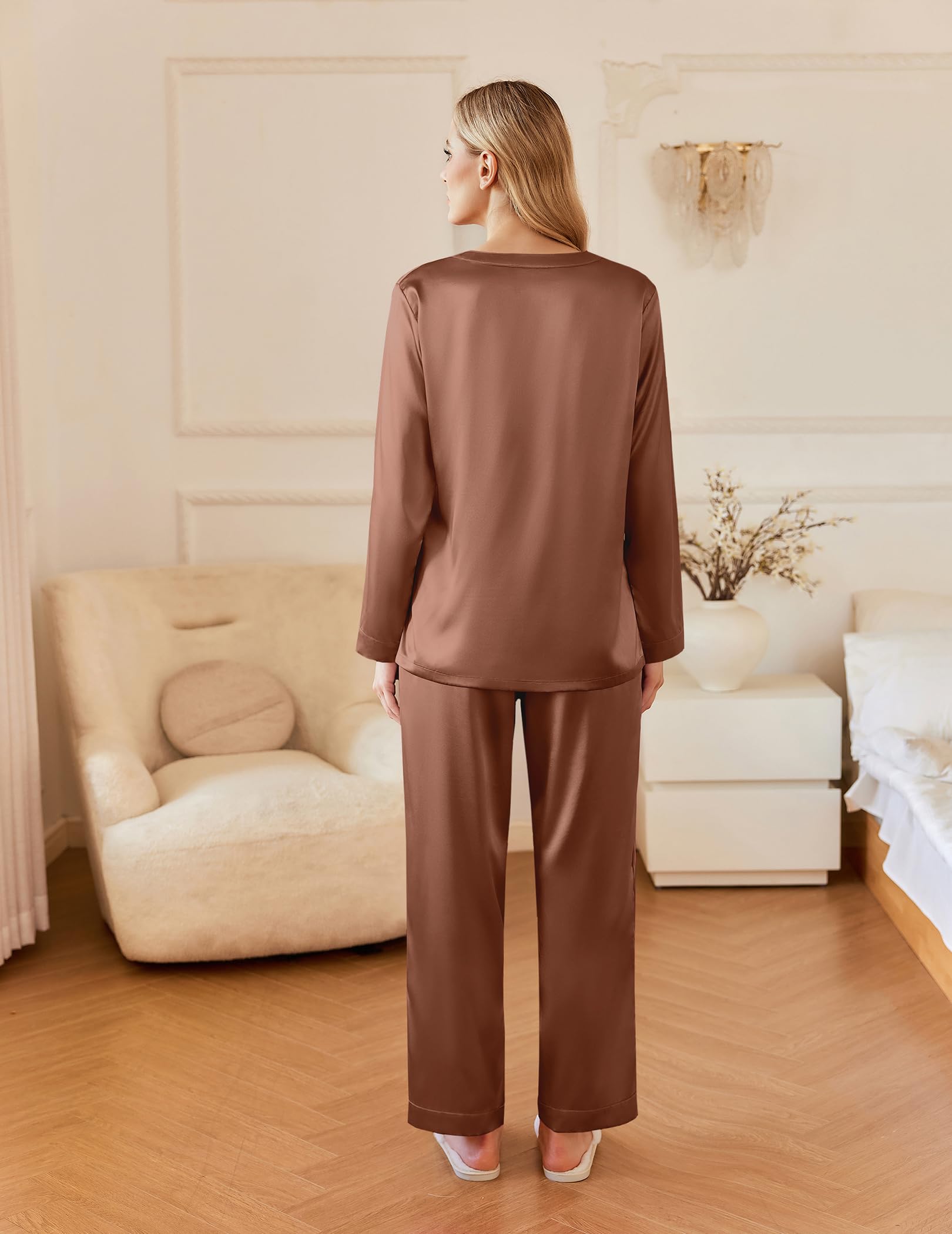 Ekouaer Silk Satin Pajamas Set Women's 2 Piece Pjs Long Pant Fall Soft Sleepwear Button Up Loungewear with Pockets Brown