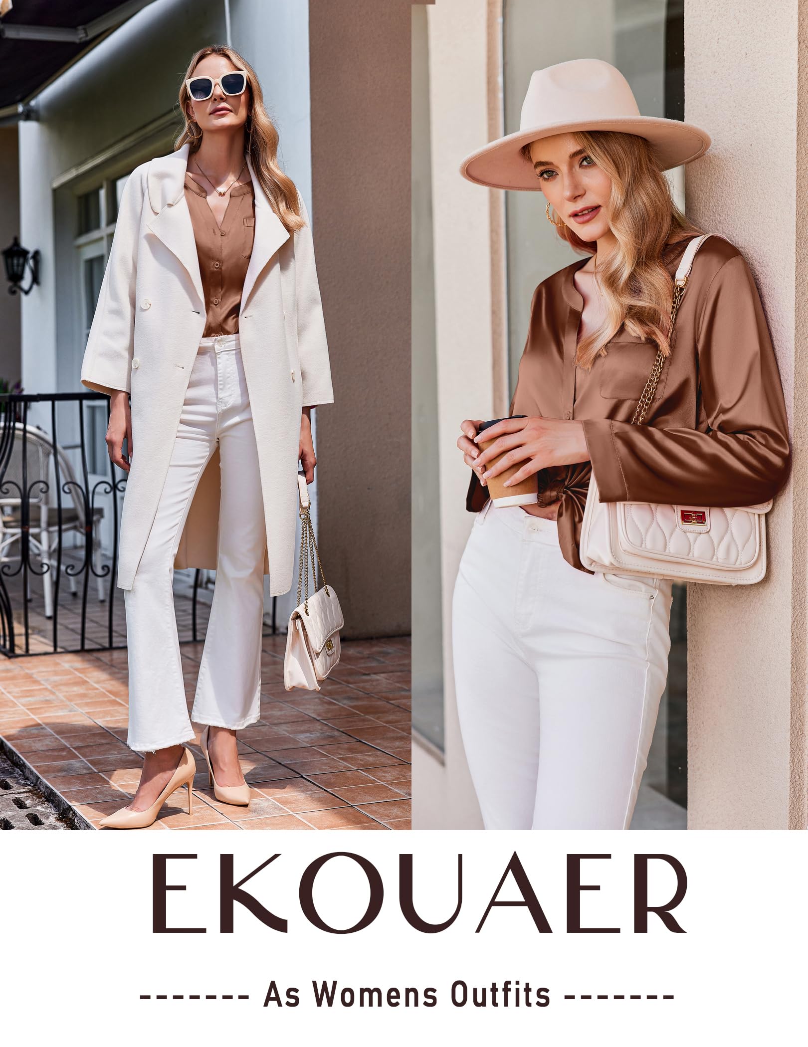 Ekouaer Silk Satin Pajamas Set Women's 2 Piece Pjs Long Pant Fall Soft Sleepwear Button Up Loungewear with Pockets Brown