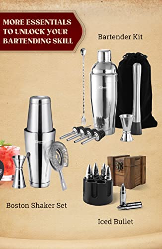 Cocktail Shaker Set | KITESSENSU Drink Mixer | 10-Piece Bartender Kit: 24 Ounce Margarita Shaker, Double Jigger, Muddler, 4 Liquor Pourers, Alcohol Mixer Spoon, Velvet Bag, Recipes Booklet - Silver