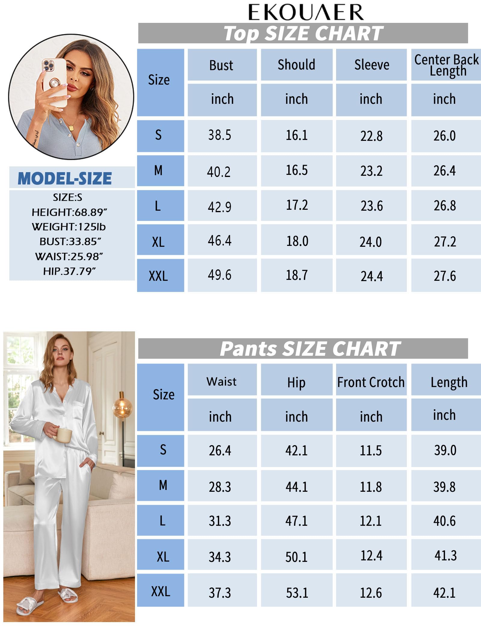 Ekouaer Silk Satin Pajamas Set Women's 2 Piece Pjs Long Pant Fall Soft Sleepwear Button Up Loungewear with Pockets Brown