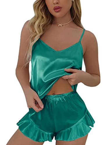 Samring Women's Silk Satin Pajamas Set 2 Pcs Silky Pj Sets Sleepwear Cami Nightwear Gift Green L