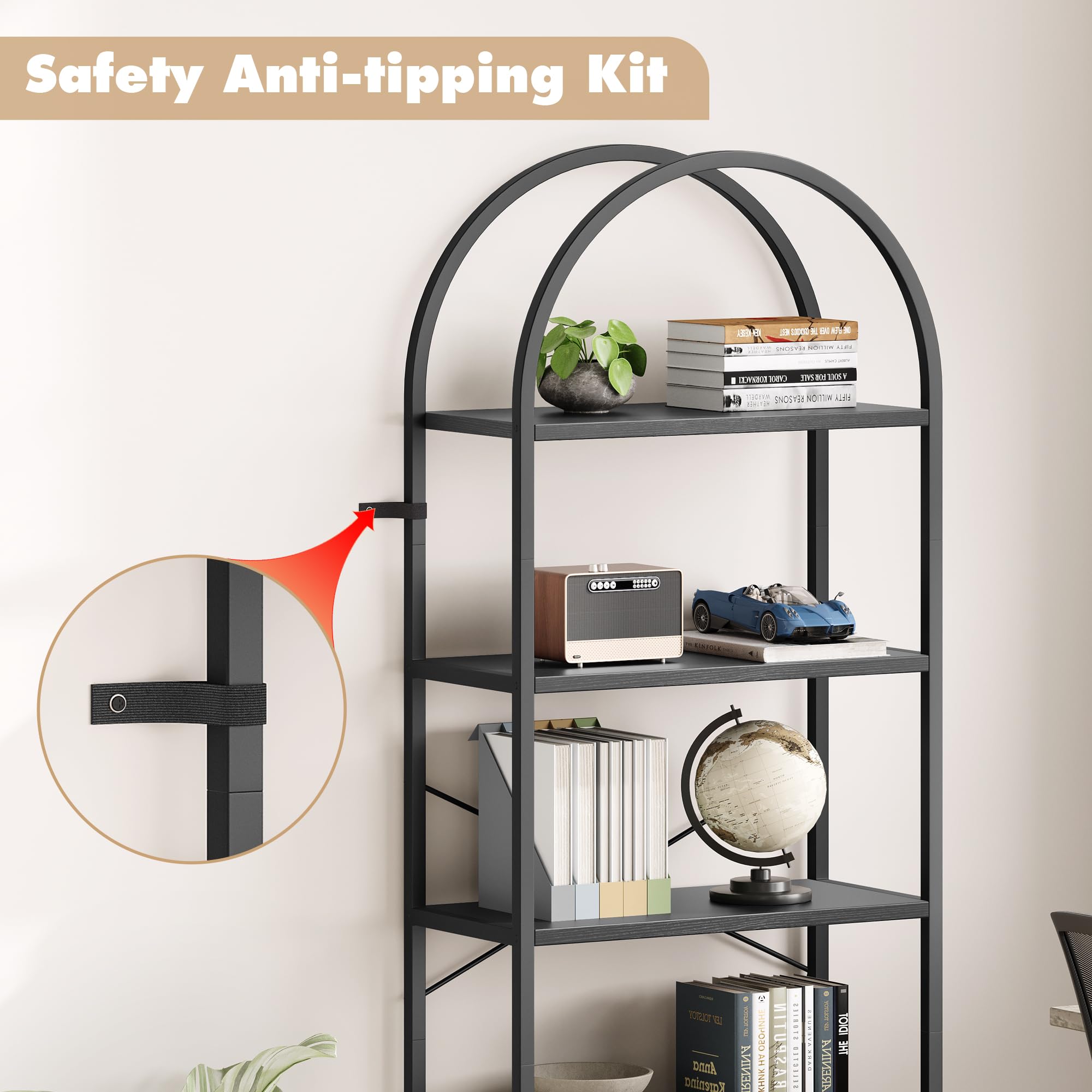 GAOMON Arched Bookshelf 5 Tier Bookcase 70.87in Tall Display Racks Modern Standing Bookshelves Metal Book Shelf for Bedroom, Living Room, Home Office