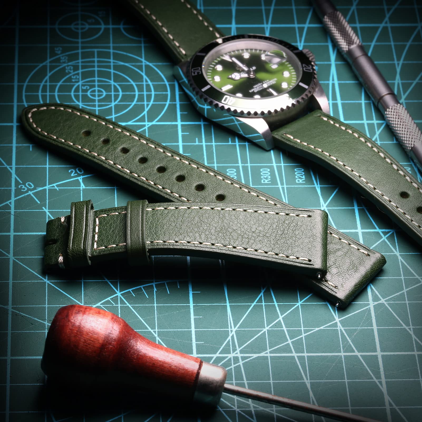 torbollo 22mm Leather Watch Bands, Quick Release Soft Green Watch Strap for Men Genuine Leather Replacement Wrap