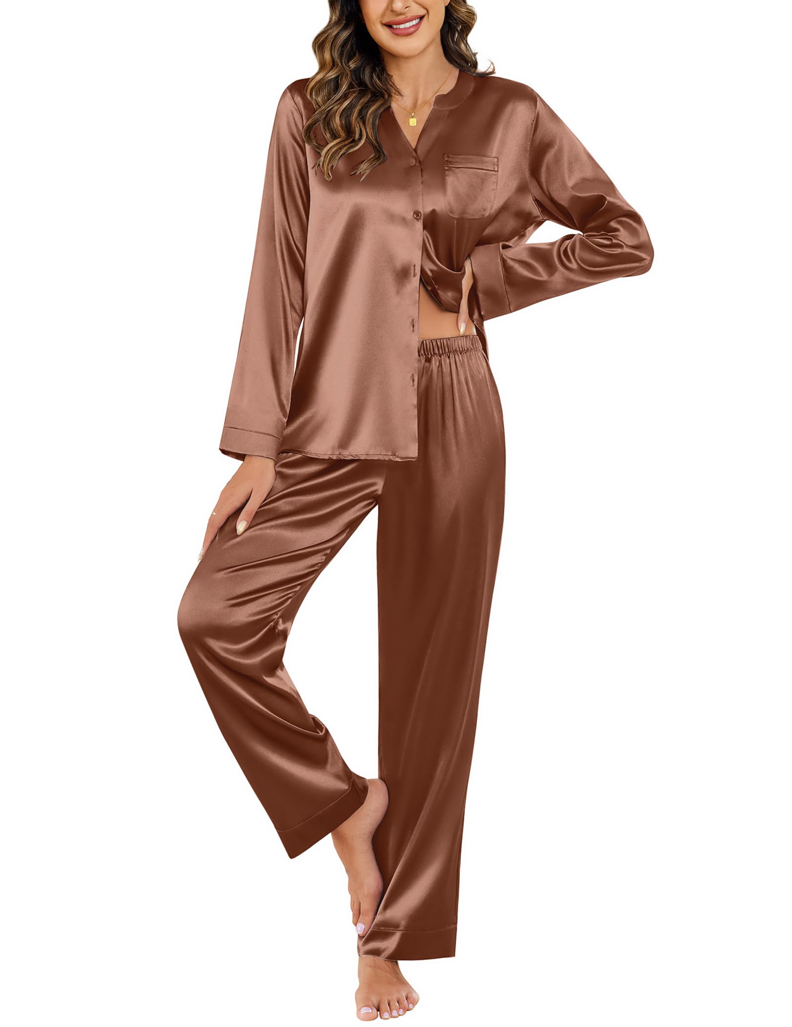 Ekouaer Silk Satin Pajamas Set Women's 2 Piece Pjs Long Pant Fall Soft Sleepwear Button Up Loungewear with Pockets Brown