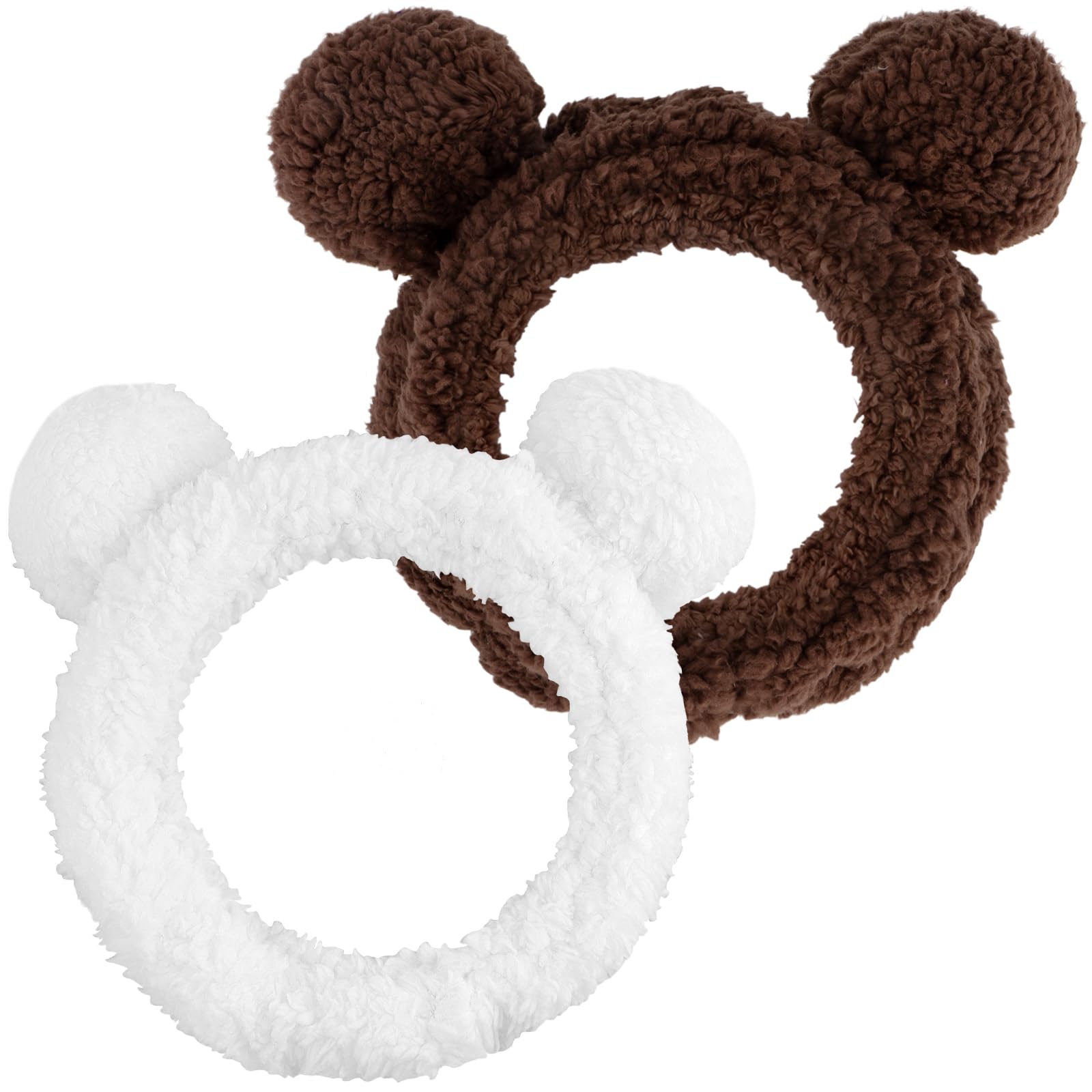 YISSION 2PCS Bear Ears Spa Headband No Slip Head Band for Face Wash Makeup Skincare Facial Headband Elastic Hair Band Carol Fleece Headbands for Women Girls (White Coffee)