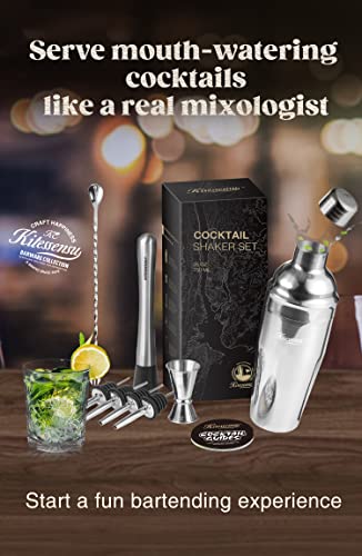 Cocktail Shaker Set | KITESSENSU Drink Mixer | 10-Piece Bartender Kit: 24 Ounce Margarita Shaker, Double Jigger, Muddler, 4 Liquor Pourers, Alcohol Mixer Spoon, Velvet Bag, Recipes Booklet - Silver