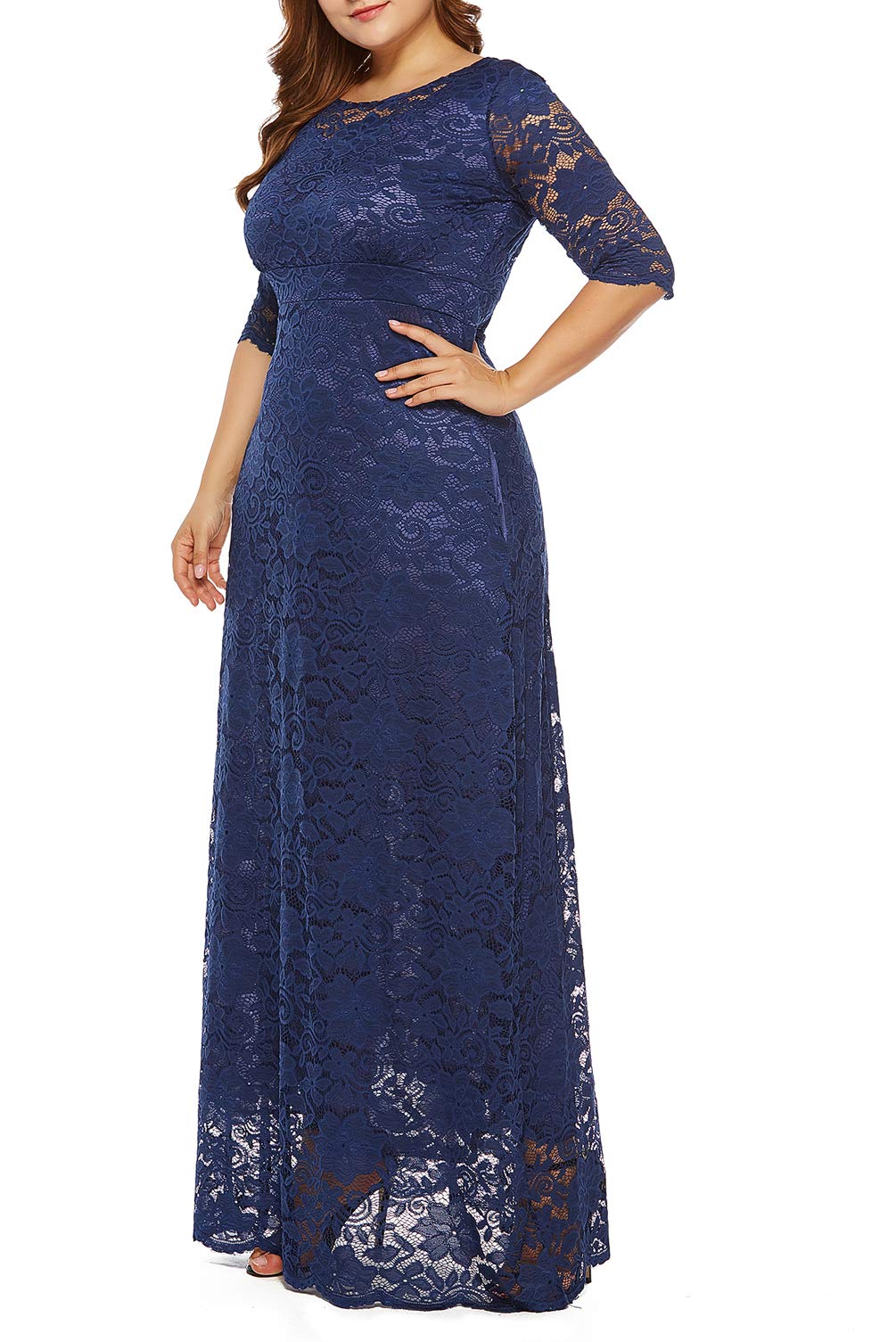 Eternatastic Womens Floral Lace 2/3 Sleeves Maxi Dress Evening Party Long Dress 4XL Deep Blue