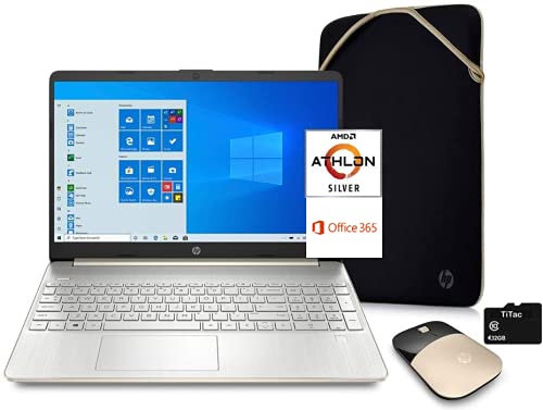 HP 2021 Pavilion 15 15.6" HD Laptop Computer, AMD Athlon Silver 3050U (Beats i3-7100U), 4GB DDR4, 128GB SSD, Webcam, USB-C, HDMI, 1 Year of Microsoft 365, Windows 10 S, Gold, TiTac Accessory