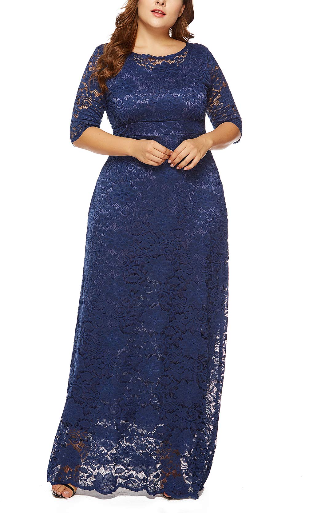 Eternatastic Womens Floral Lace 2/3 Sleeves Maxi Dress Evening Party Long Dress 4XL Deep Blue