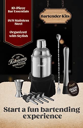 Cocktail Shaker Set | KITESSENSU Drink Mixer | 10-Piece Bartender Kit: 24 Ounce Margarita Shaker, Double Jigger, Muddler, 4 Liquor Pourers, Alcohol Mixer Spoon, Velvet Bag, Recipes Booklet - Silver