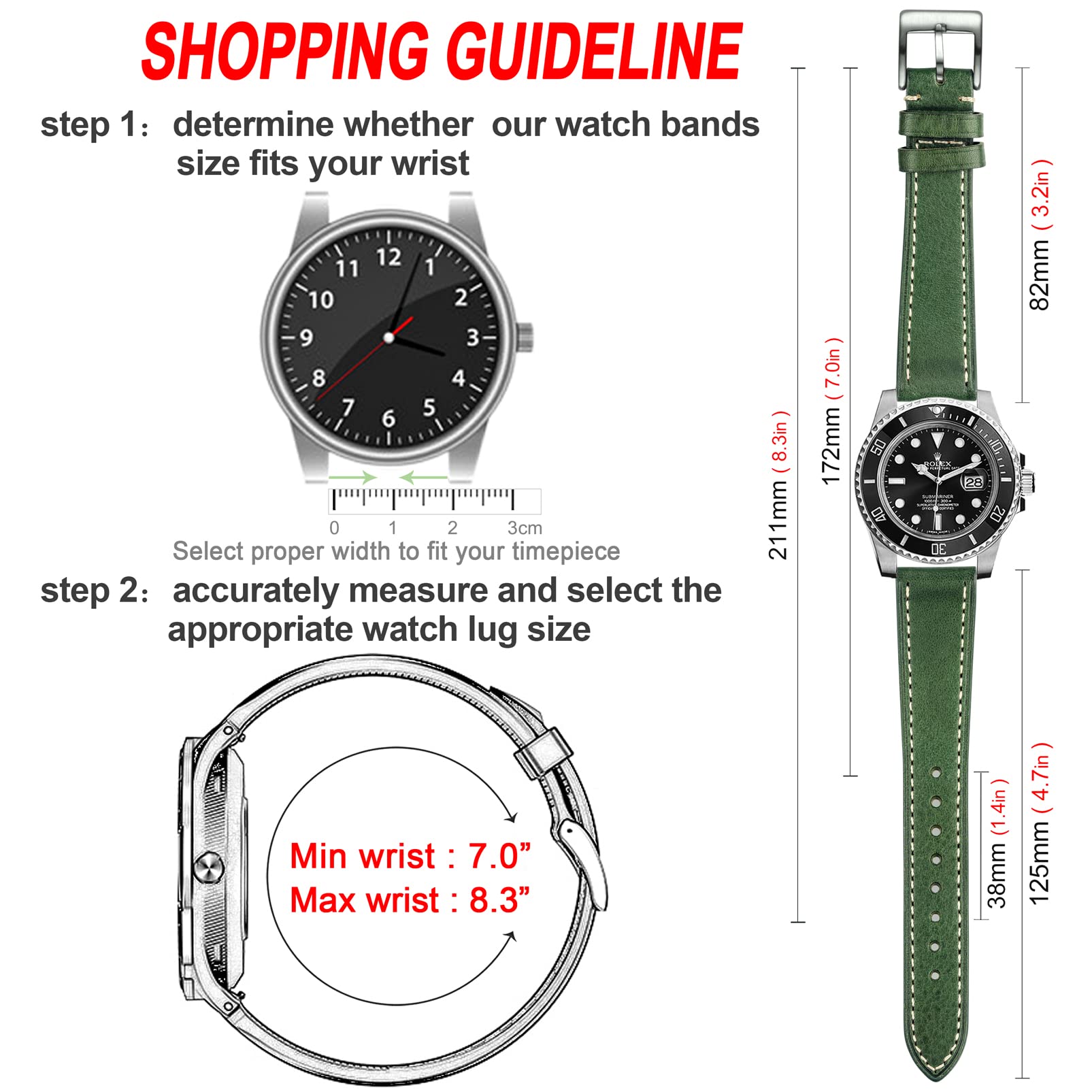 torbollo 22mm Leather Watch Bands, Quick Release Soft Green Watch Strap for Men Genuine Leather Replacement Wrap