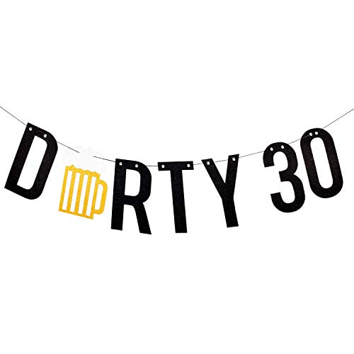 Dirty 30 Birthday Decorations - Black & Gold Glitter Beer Banner - 30th Birthday Decorations for Him - Happy 30th Birthday - 30 Birthday Decorations for Men - Dirty Thirty Birthday Party Supplies