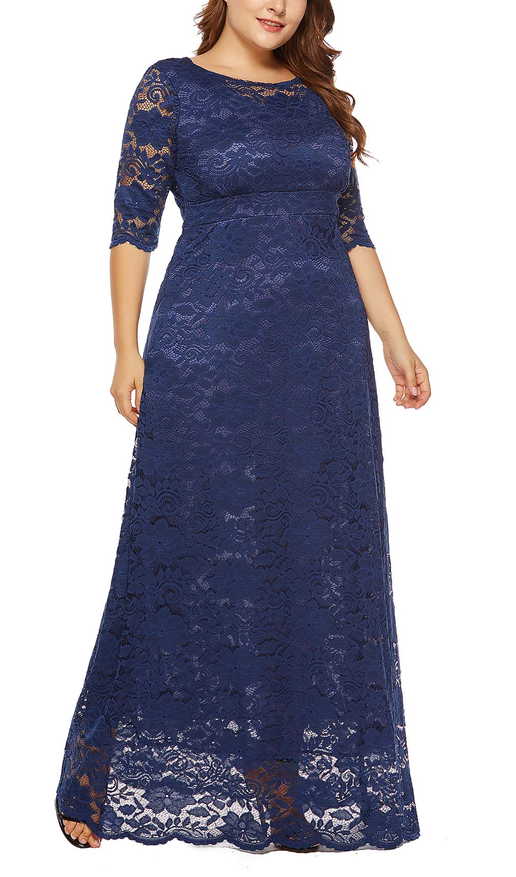 Eternatastic Womens Floral Lace 2/3 Sleeves Maxi Dress Evening Party Long Dress 4XL Deep Blue