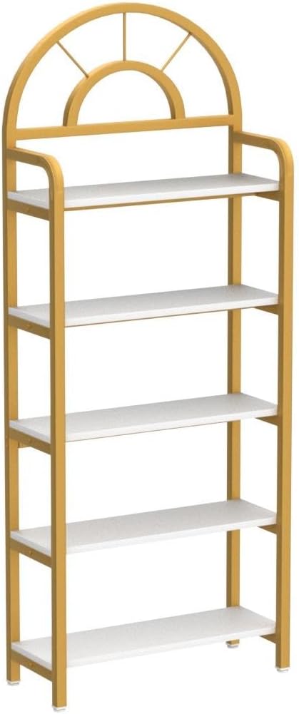 Tribesigns White and Gold Arched Bookshelf 5 Tier Bookcase, Gold Shelves for Living Room Freestanding Tall Display Shelf, Decorative Shelf for Bedroom