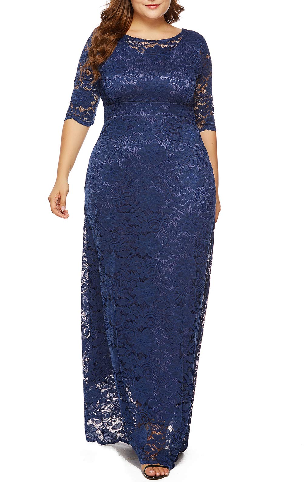 Eternatastic Womens Floral Lace 2/3 Sleeves Maxi Dress Evening Party Long Dress 4XL Deep Blue