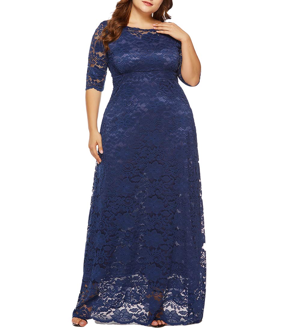 Eternatastic Womens Floral Lace 2/3 Sleeves Maxi Dress Evening Party Long Dress 4XL Deep Blue