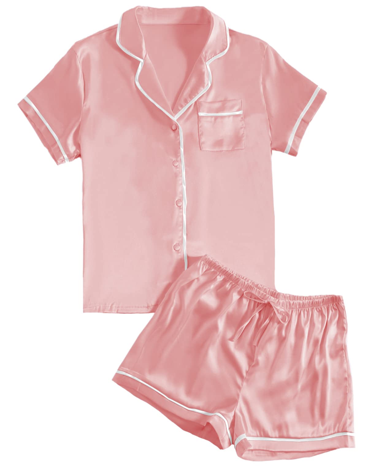 LYANER Women's Satin Silky Short Sleeve Button Shirt Sleepwear 2Piece Pajama Set Coral Pink X-Small