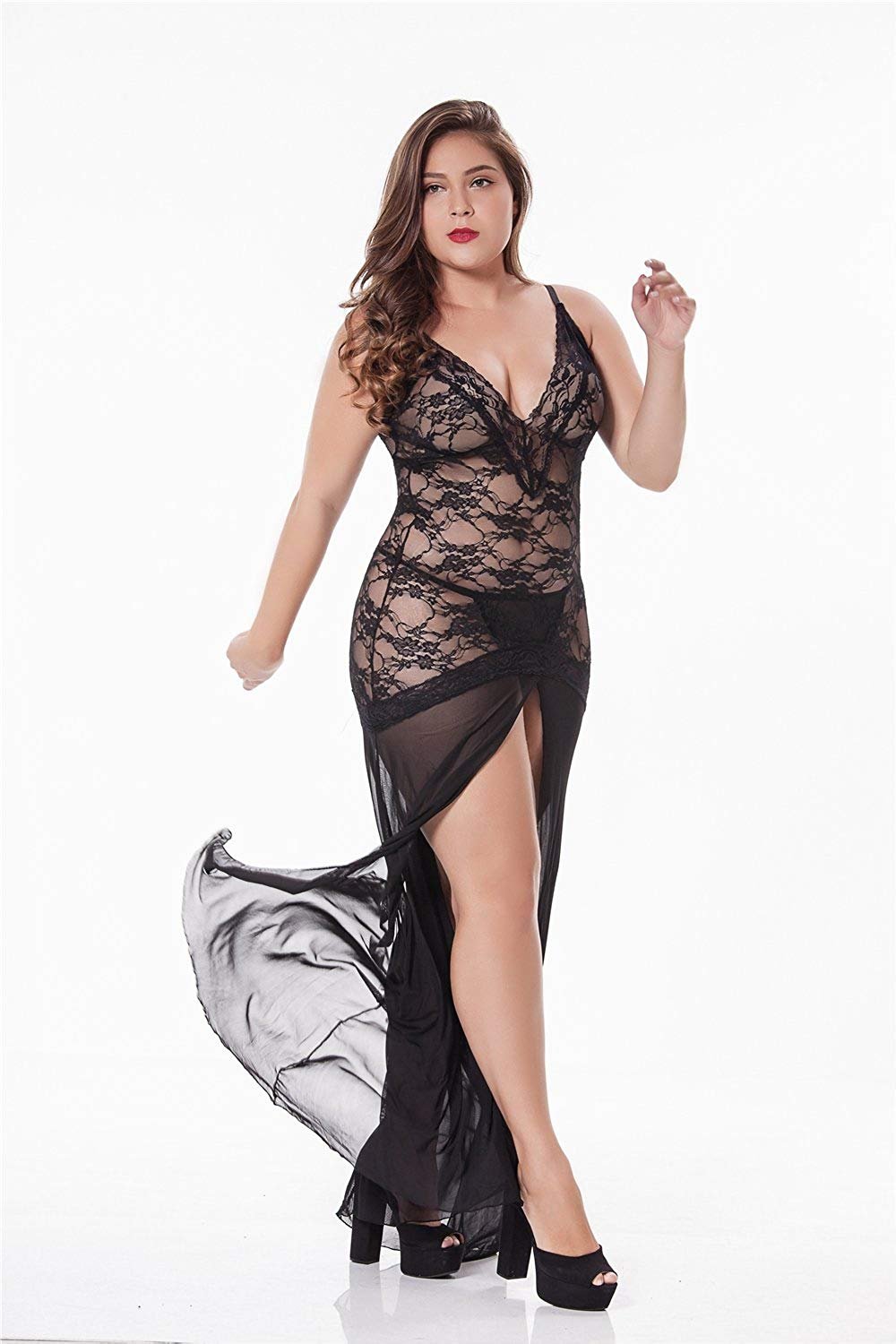LINGERLOVE Women's Floral Lace Plus Size Babydoll Lingerie Set Sexy Split Maxi Long Nightgown Dress Black