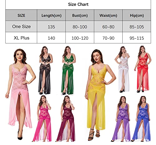 LINGERLOVE Women's Floral Lace Plus Size Babydoll Lingerie Set Sexy Split Maxi Long Nightgown Dress Black