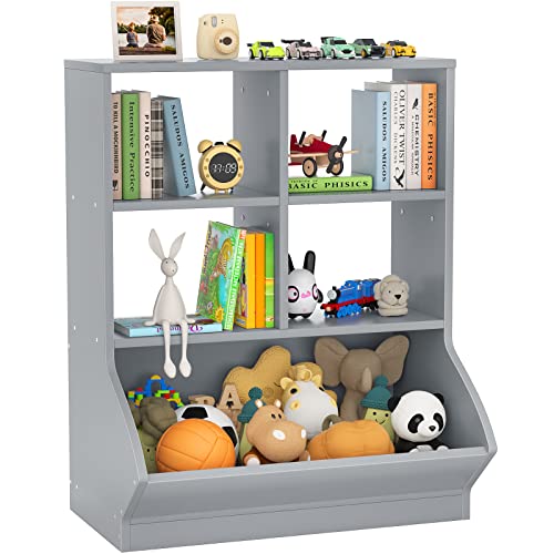 Aheaplus Toy Storage Organizer with Bookcase, 5 Cubby Bookshelf Toy Storage Cabinet, Open Multi-Bins Toys&Books Storage Display Organizer for Playroom, Bedroom, Living Room, Grey