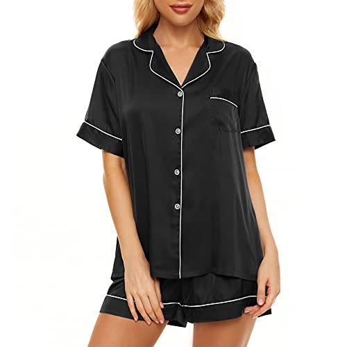 Zando Womens Two Piece Pajama Set Sexy Pajamas for Women Silk Ladies Pajamas Satin Pajamas Womens Button Down Pajama Shorts Set Women's Sleepwear Bride Pajamas Comfort PJS Black Small