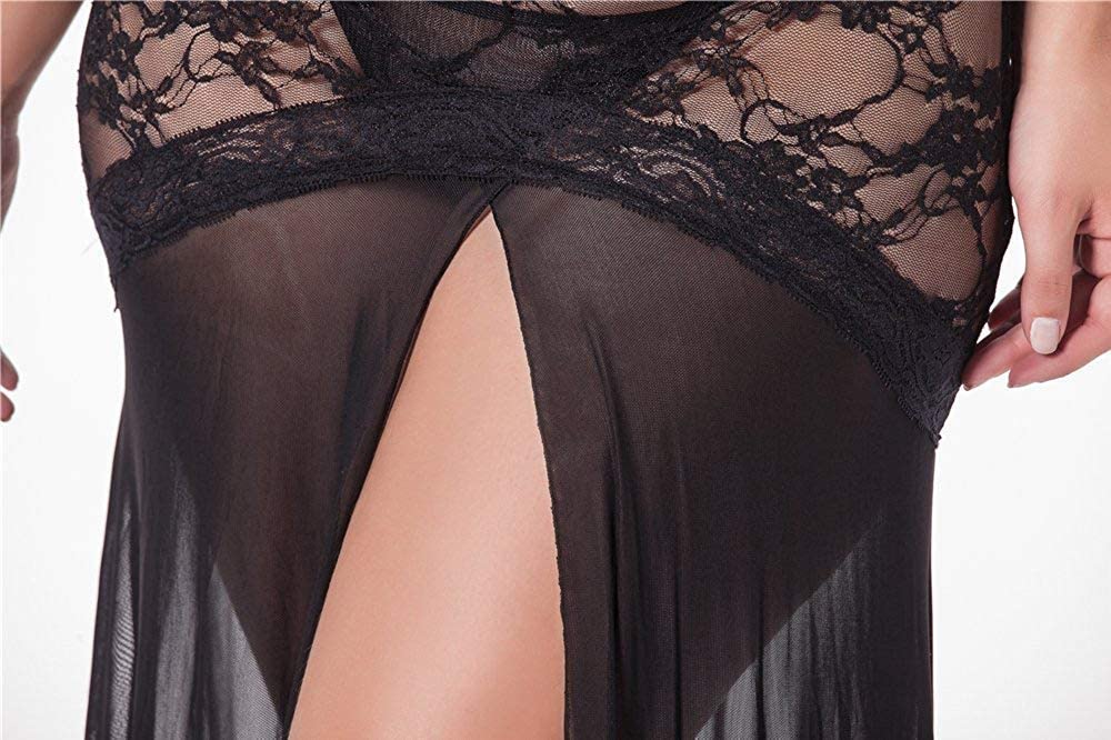 LINGERLOVE Women's Floral Lace Plus Size Babydoll Lingerie Set Sexy Split Maxi Long Nightgown Dress Black