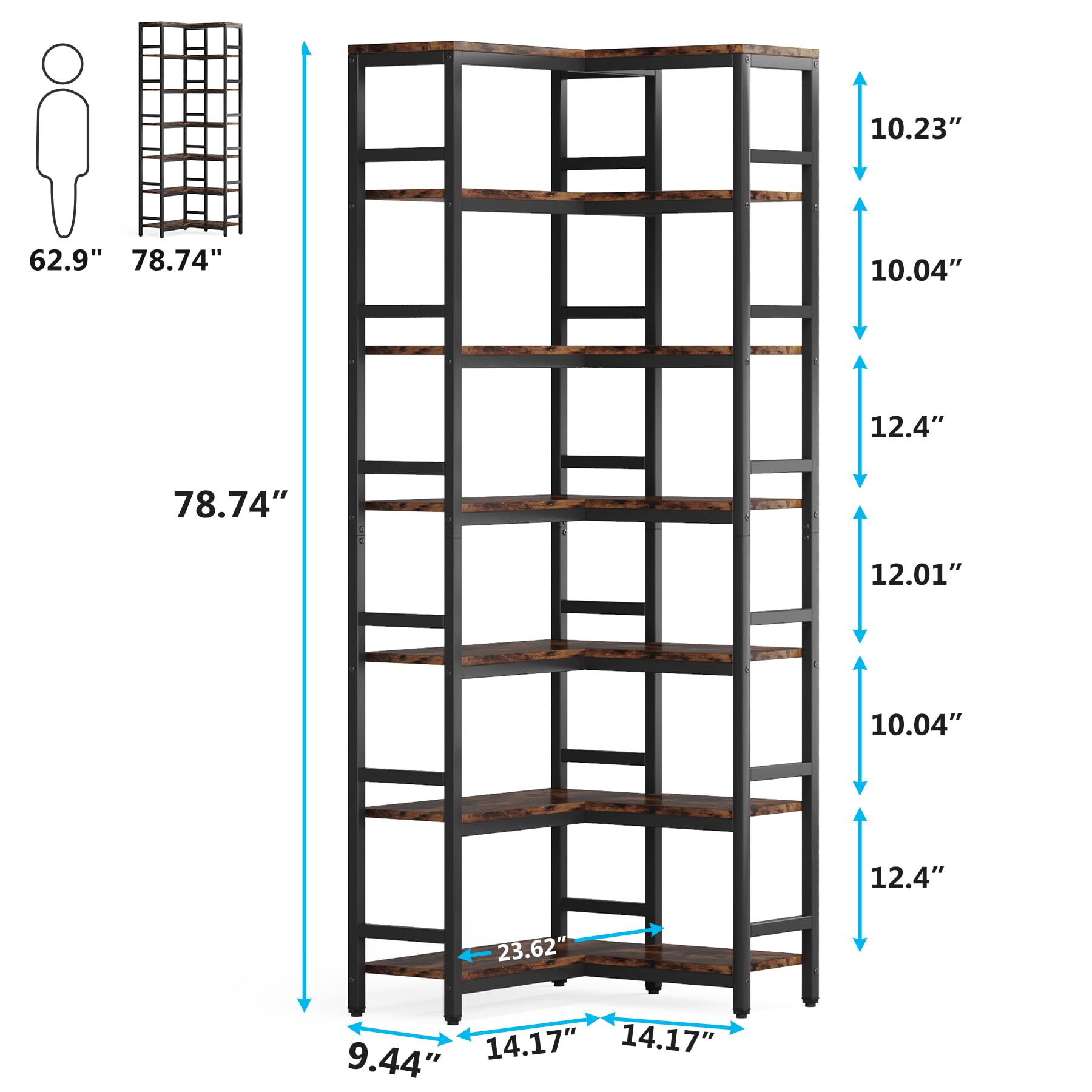Tribesigns 78.74” Tall Corner Shelf, 7 Tier Industrial Corner Bookcase Storage Display Shelves for Living Room Home Office, Rustic Brown