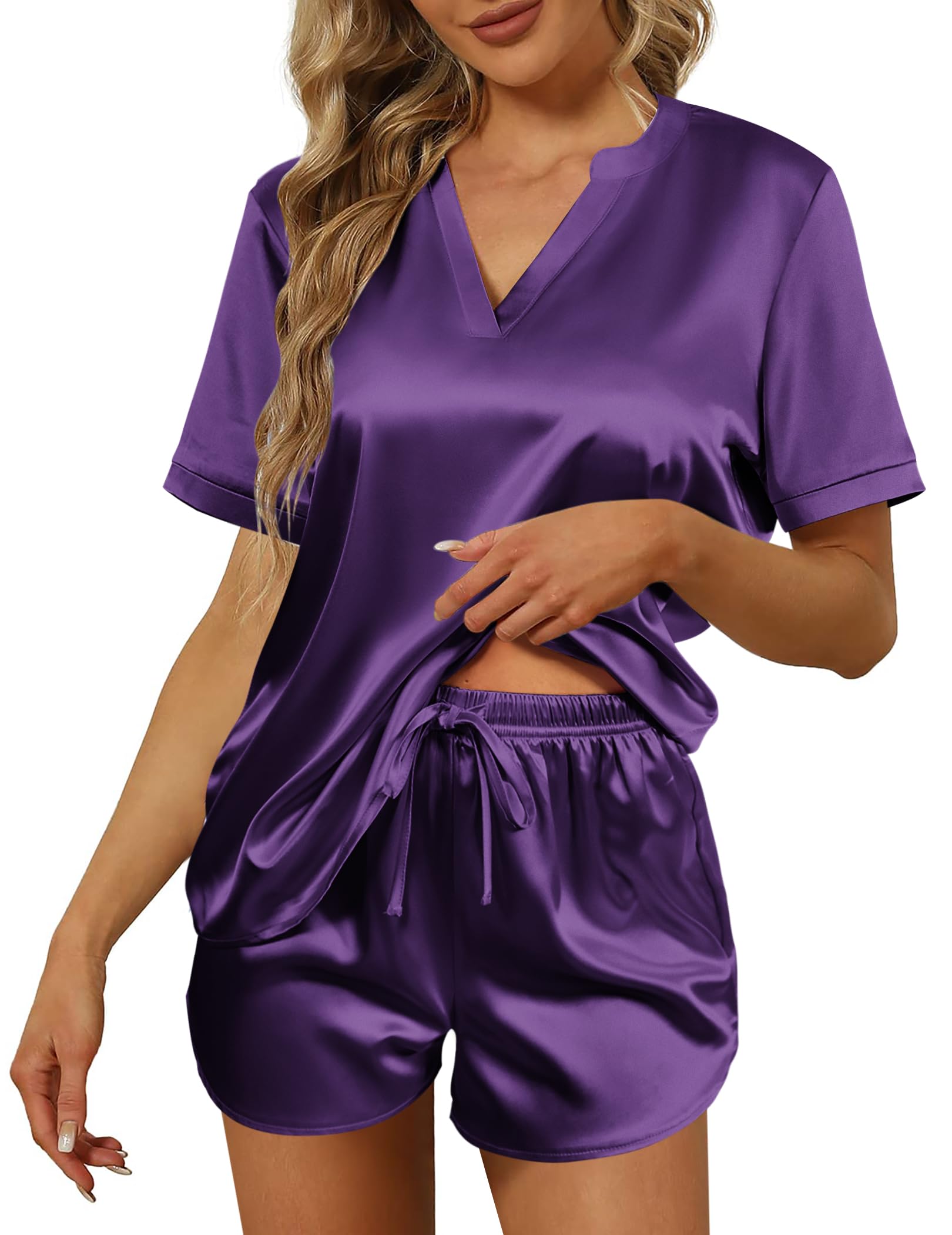 Ekouaer Silk Pajamas for Women Short Sleeve Sleepwear Two-piece Pjs Set Soft V Neck Loungewear Tops with Pj Shorts Purple X-Large