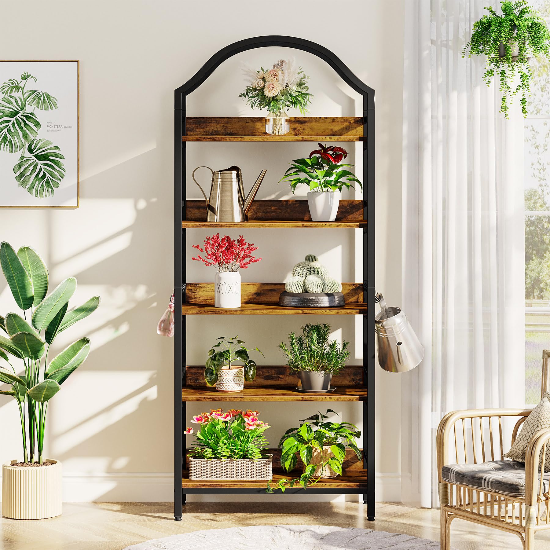 Tribesigns 5-Tier Bookshelf, 73" Tall Arched Bookcase, Industrial Wood Storage Rack Open Shelves with 4 Hooks, Modern Standing Bookshelves Metal Frame Display Rack for Home Office, Brown, 1 Pc