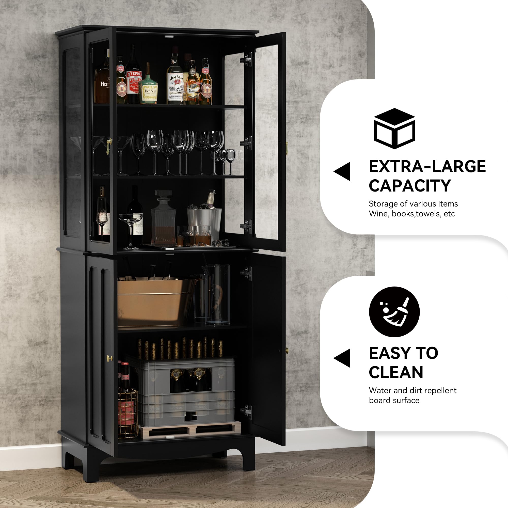ARTPOWER 72" Freestanding Kitchen Pantry Storage Sideboard, Classical Tall Cabinet with Glass Door and Adjustable Shelves for Kitchen, Livingroom and Dining Room, Black