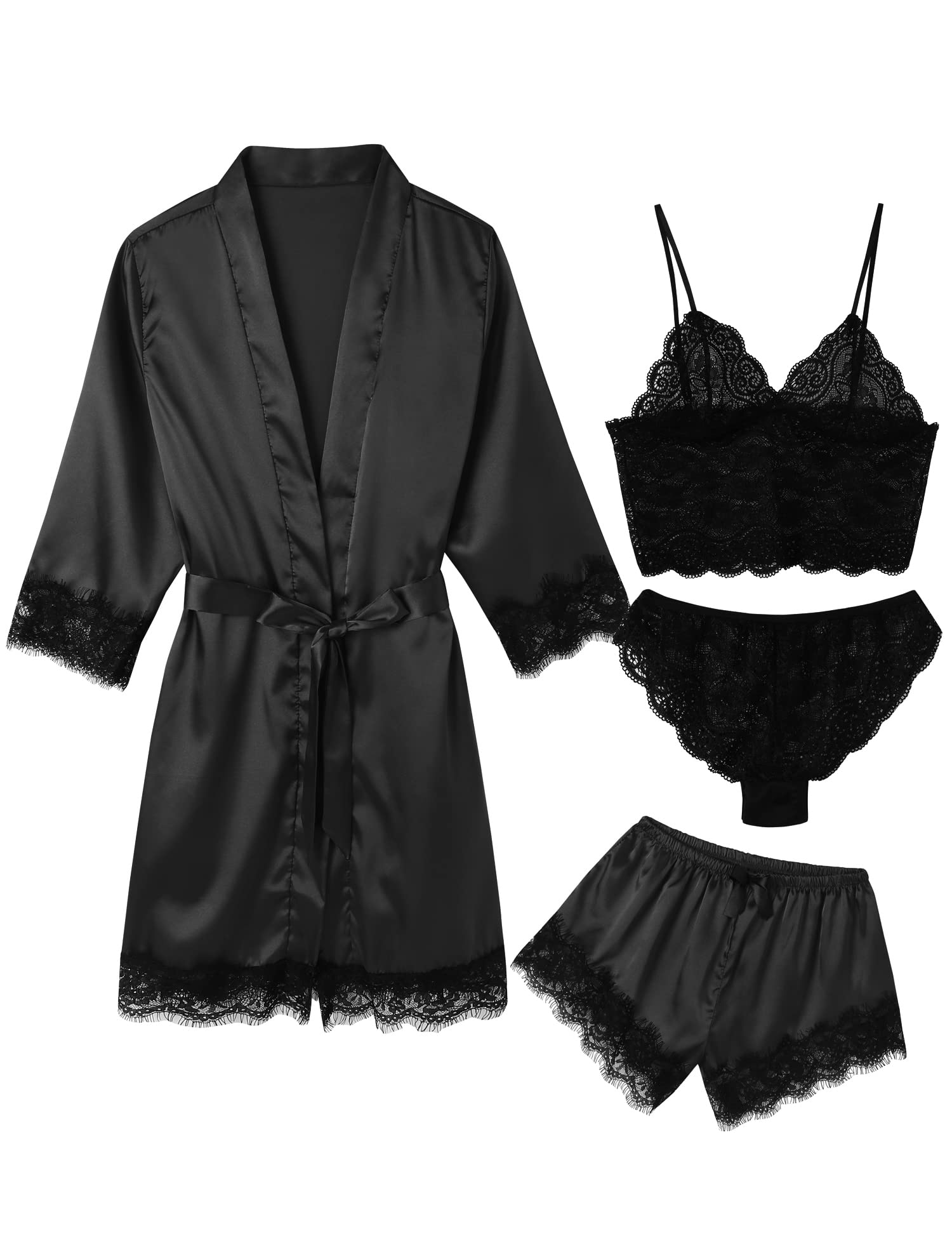 ESKTJH Pajamas For Women Silk Sleepwear 4 Pcs Set Sexy Lace Lingerie Satin Cami Shorts Robe Set Nightwear Black