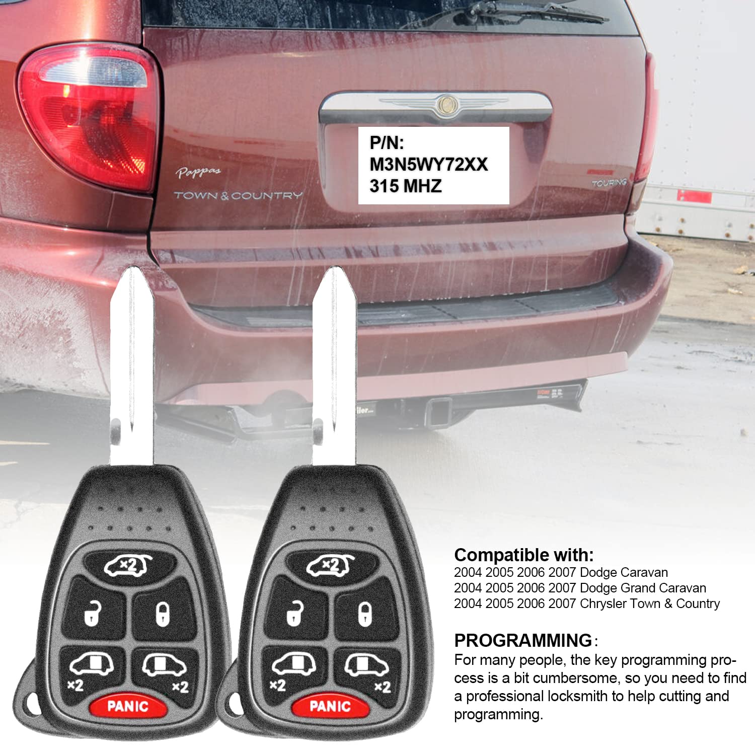 Car Keyless Entry Remote Keys Replacement fit for Chrysler Town and Country Dodge Caravan/Grand Caravan 2004 2005 2006 2007 (P/N: M3N5WY72XX) Set of 2