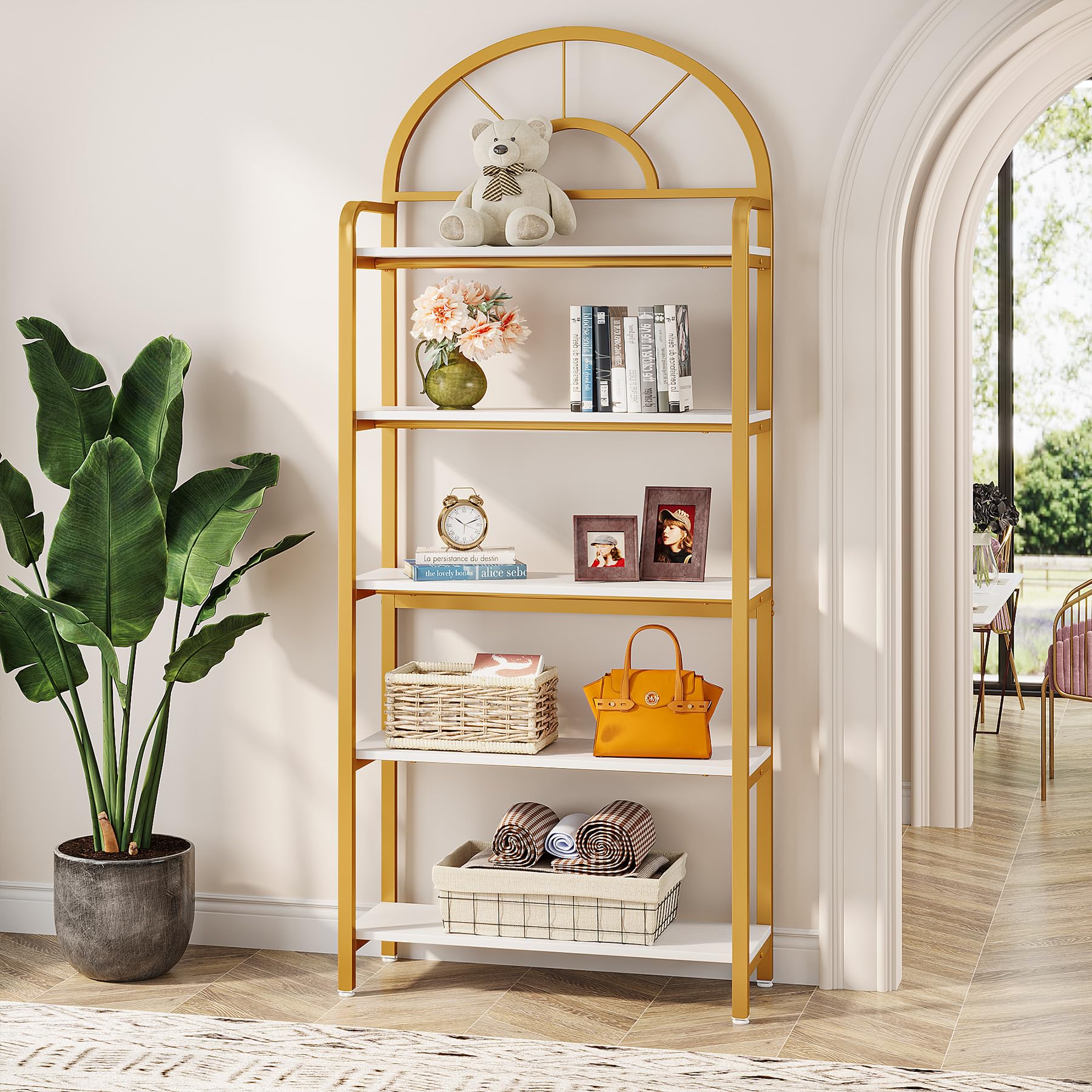 Tribesigns White and Gold Arched Bookshelf 5 Tier Bookcase, Gold Shelves for Living Room Freestanding Tall Display Shelf, Decorative Shelf for Bedroom