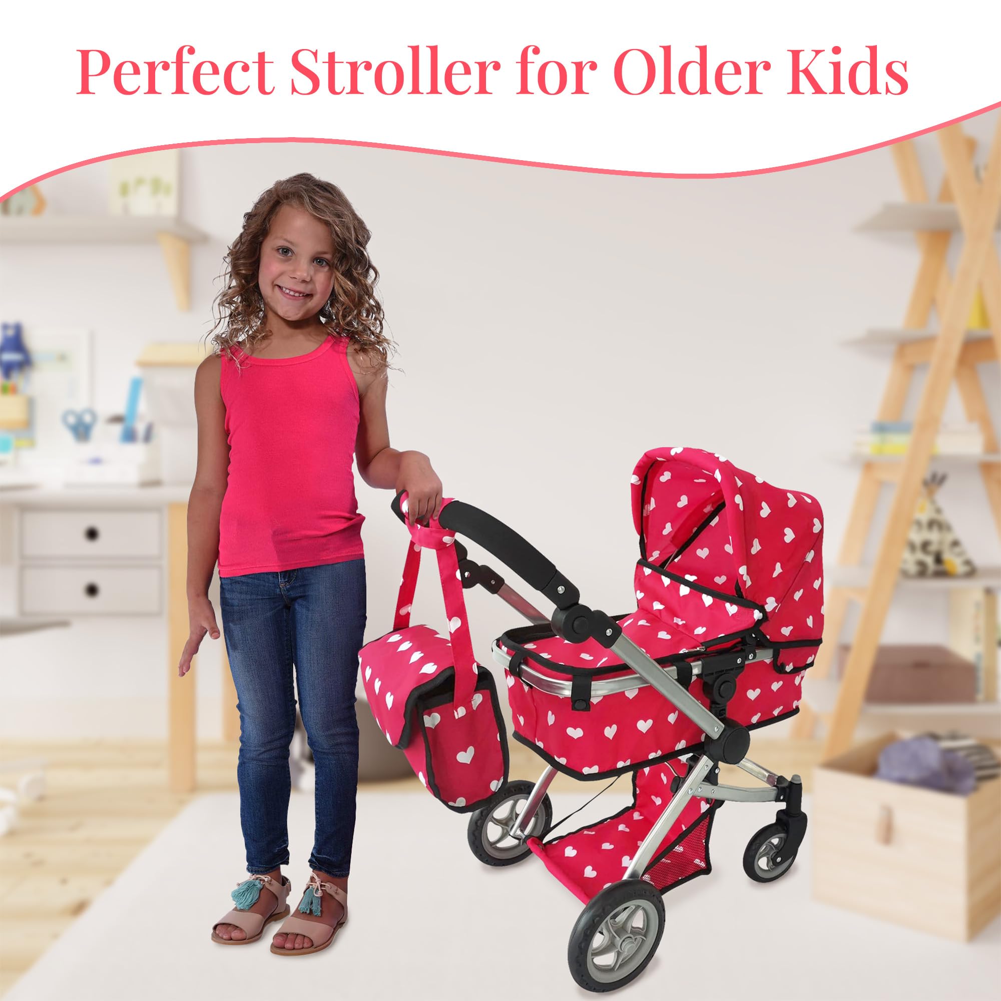 Convertible Combo Baby Doll Stroller for 3 Year Old Girls & Up | Play Toy Baby Stroller for Dolls, Folding Adjustable Bassinet Carriage Buggy with Storage Basket Converts to Sit Up Pushcart Pram