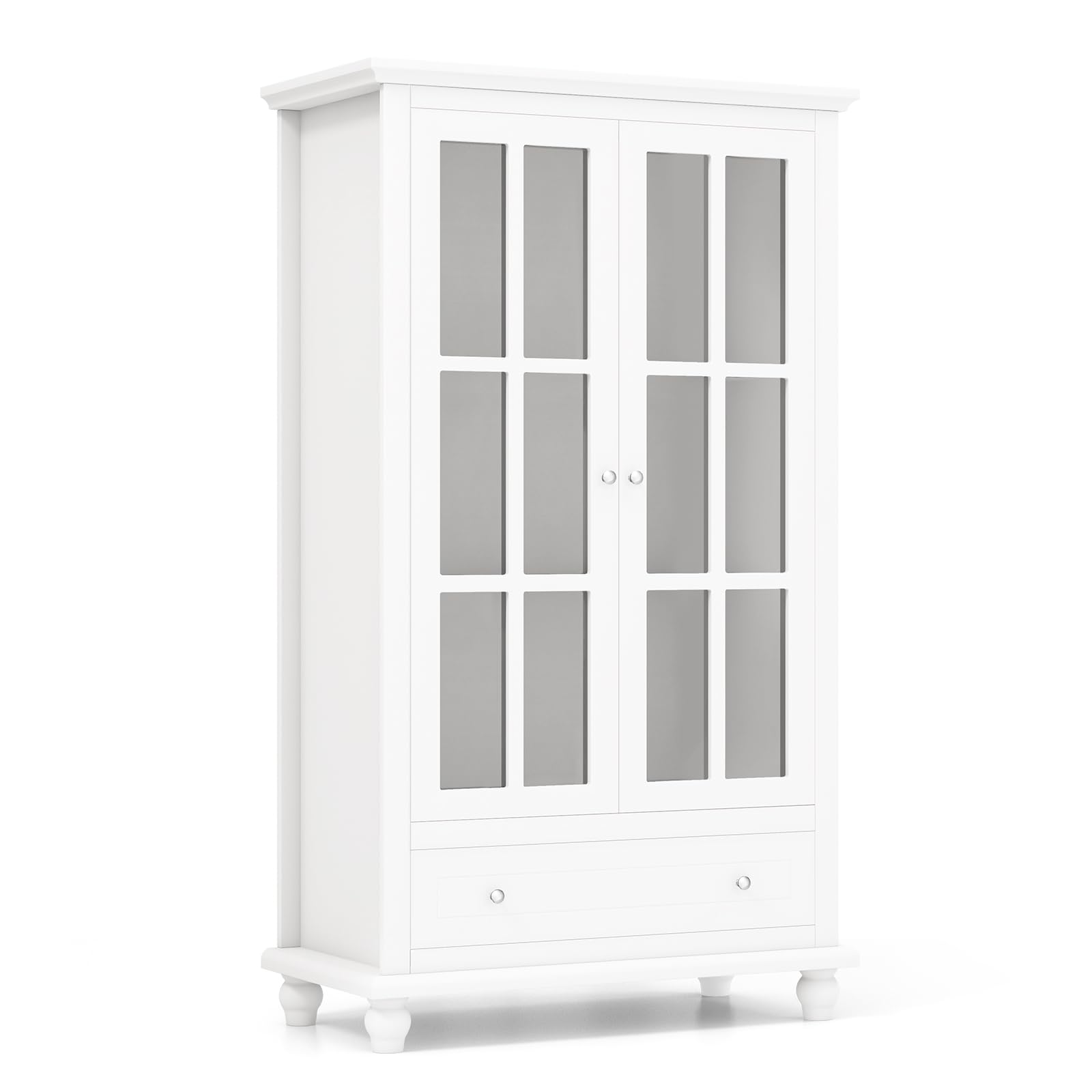 Giantex 55" White Bookcase with Doors and Drawer, Tall Wooden Bookshelf Organizer with Adjustable Shelves, Freestanding Glass Display Storage Cabinet for Living Room Bedroom Kitchen Pantry