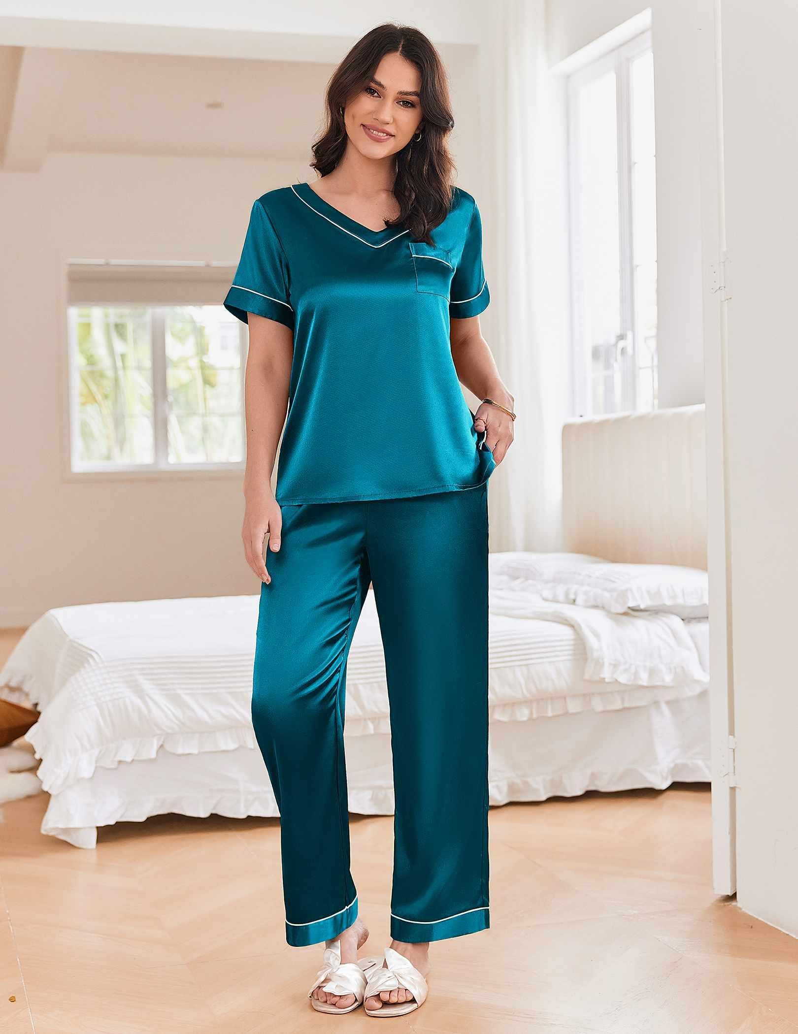 Ekouaer Womens Silky Pajamas Set Satin Pj Set Short Sleeve Top and Long Pant Pajama Set Two Piece Sleep Set Silky Sleepwear Nightwear Blue