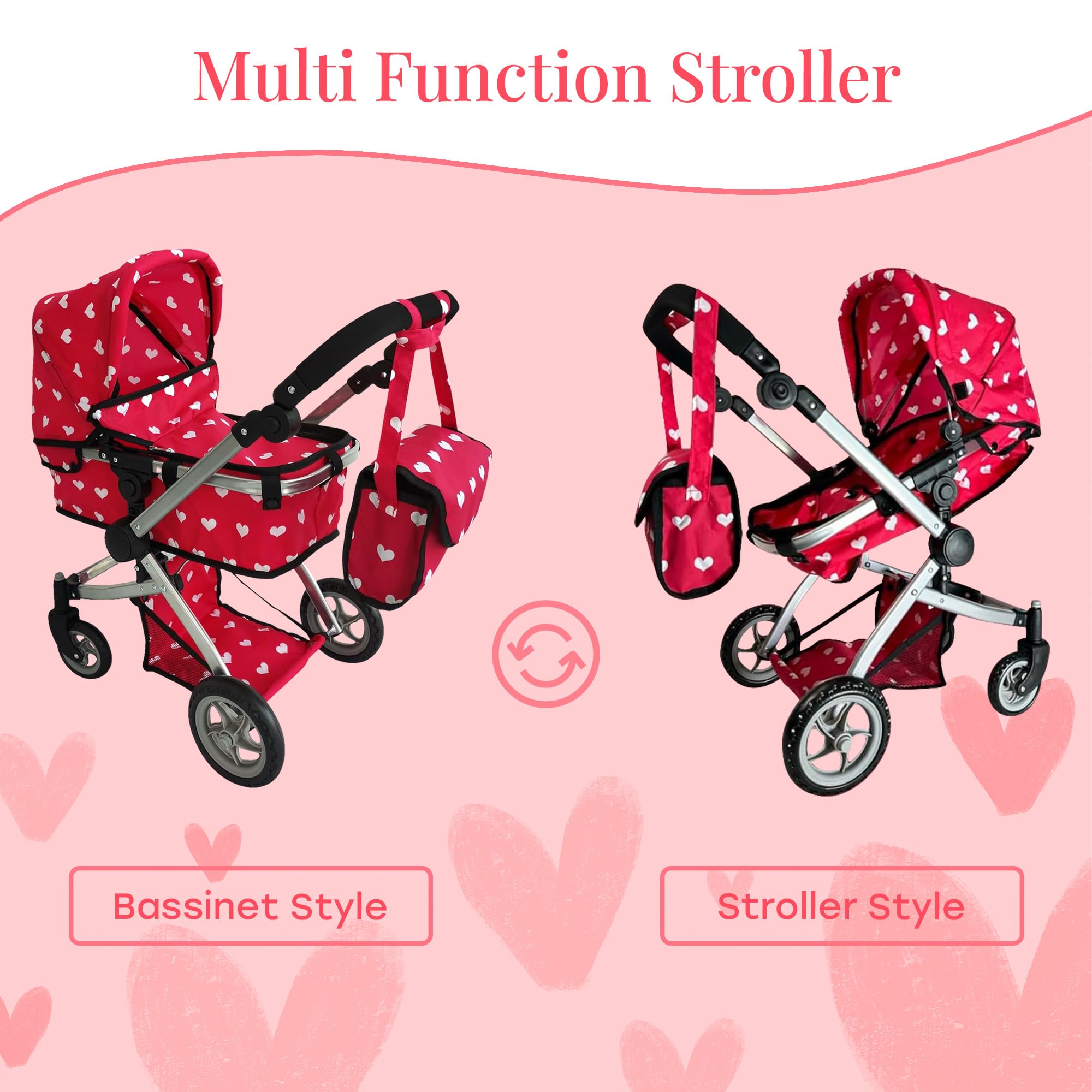 Convertible Combo Baby Doll Stroller for 3 Year Old Girls & Up | Play Toy Baby Stroller for Dolls, Folding Adjustable Bassinet Carriage Buggy with Storage Basket Converts to Sit Up Pushcart Pram