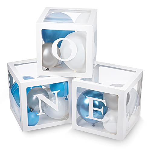 Keencopper First Birthday Decorations For Boy Or Girl, 3 Pcs ONE Balloon Boxes For 1st Birthday, Baby Clear Blocks Party Decor With ONE TWO Letters For Photoshoot Props, Cake Smash Backdrop