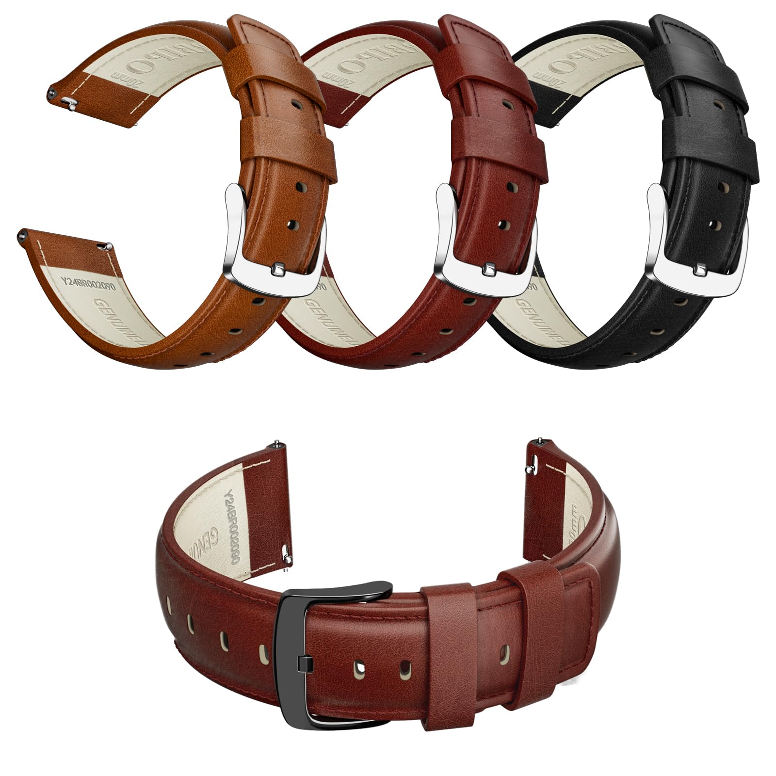 RBIPO 20mm Leather Watch Band Quick Release Strap for Men and Women, Compatible with Timex Fossil Samsung Seiko Citizen