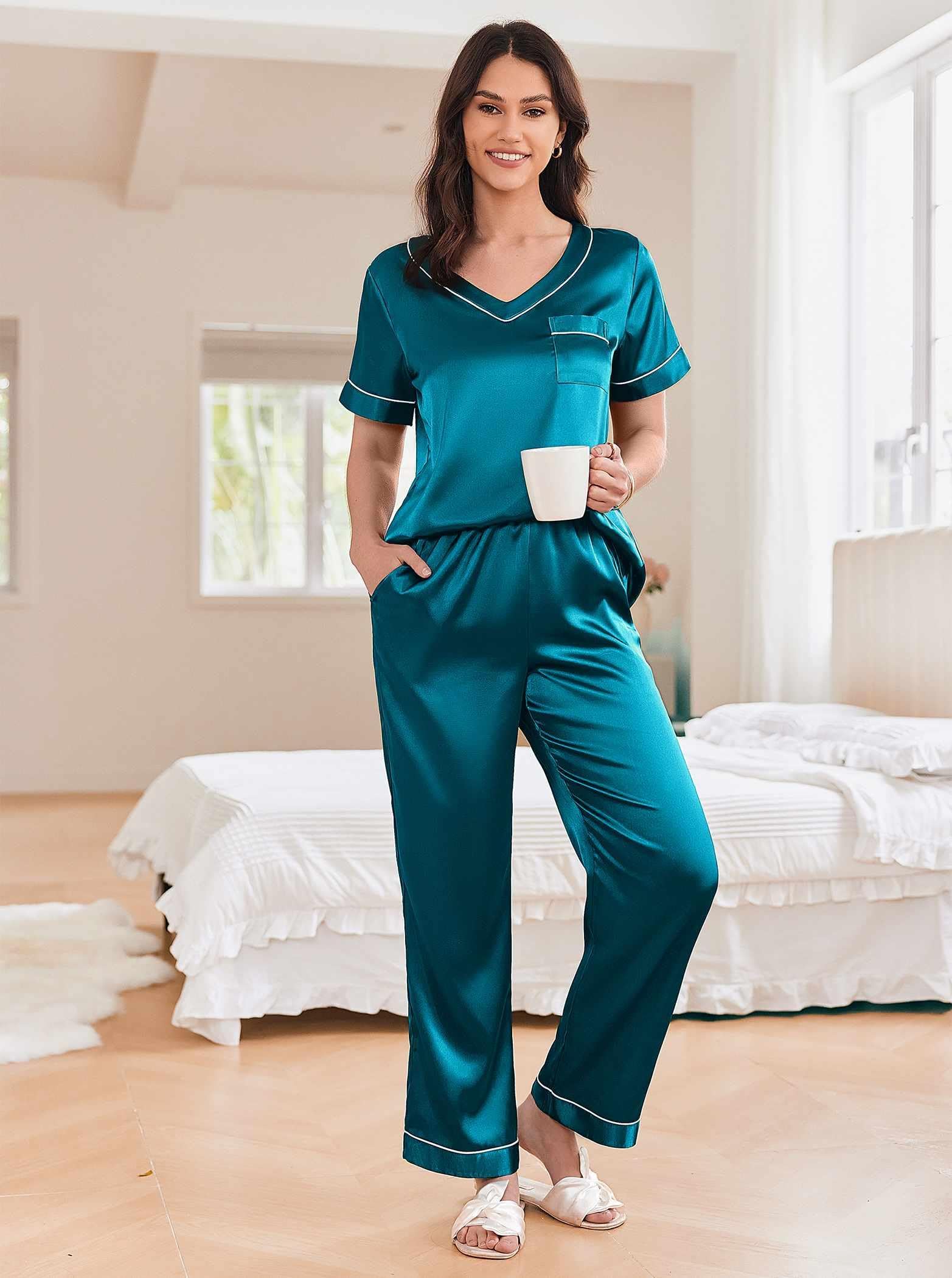 Ekouaer Womens Silky Pajamas Set Satin Pj Set Short Sleeve Top and Long Pant Pajama Set Two Piece Sleep Set Silky Sleepwear Nightwear Blue