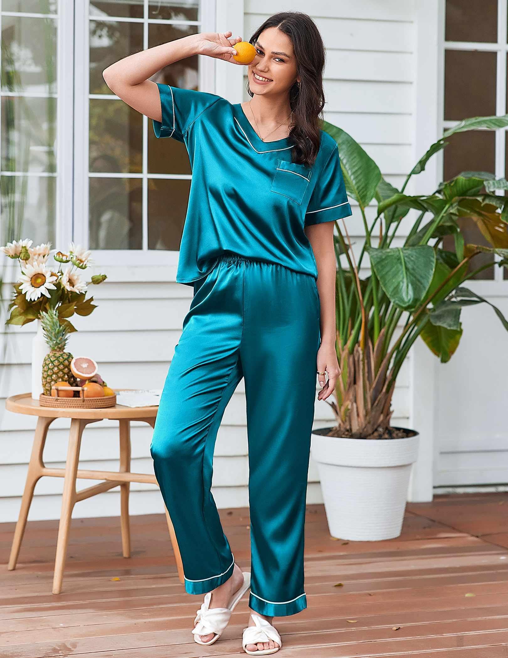 Ekouaer Womens Silky Pajamas Set Satin Pj Set Short Sleeve Top and Long Pant Pajama Set Two Piece Sleep Set Silky Sleepwear Nightwear Blue