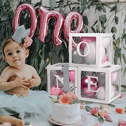 Keencopper First Birthday Decorations For Boy Or Girl, 3 Pcs ONE Balloon Boxes For 1st Birthday, Baby Clear Blocks Party Decor With ONE TWO Letters For Photoshoot Props, Cake Smash Backdrop