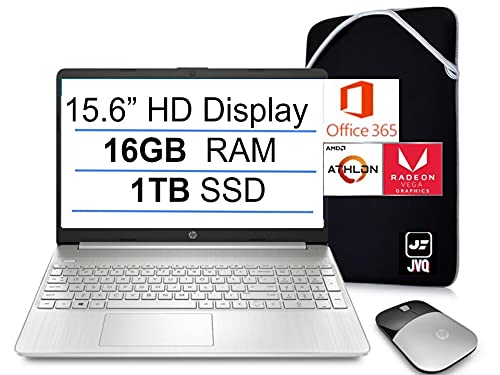 2021 Newest HP 15.6" HD Display Laptop, AMD Athlon Silver 3050U(up to 3.2GHz, Beat i3-8130U), 16GB RAM, 1TB SSD, 1-Year Office 365, WiFi, Bluetooth, HDMI, Webcam, Win 10S, Silver, JVQ Mouse+Sleeve