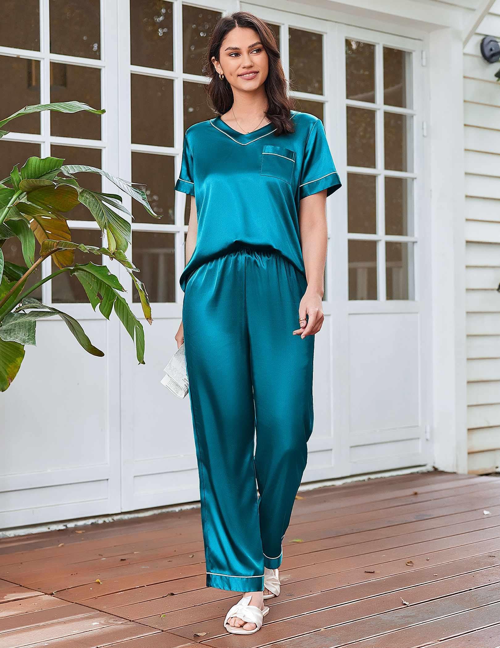 Ekouaer Womens Silky Pajamas Set Satin Pj Set Short Sleeve Top and Long Pant Pajama Set Two Piece Sleep Set Silky Sleepwear Nightwear Blue