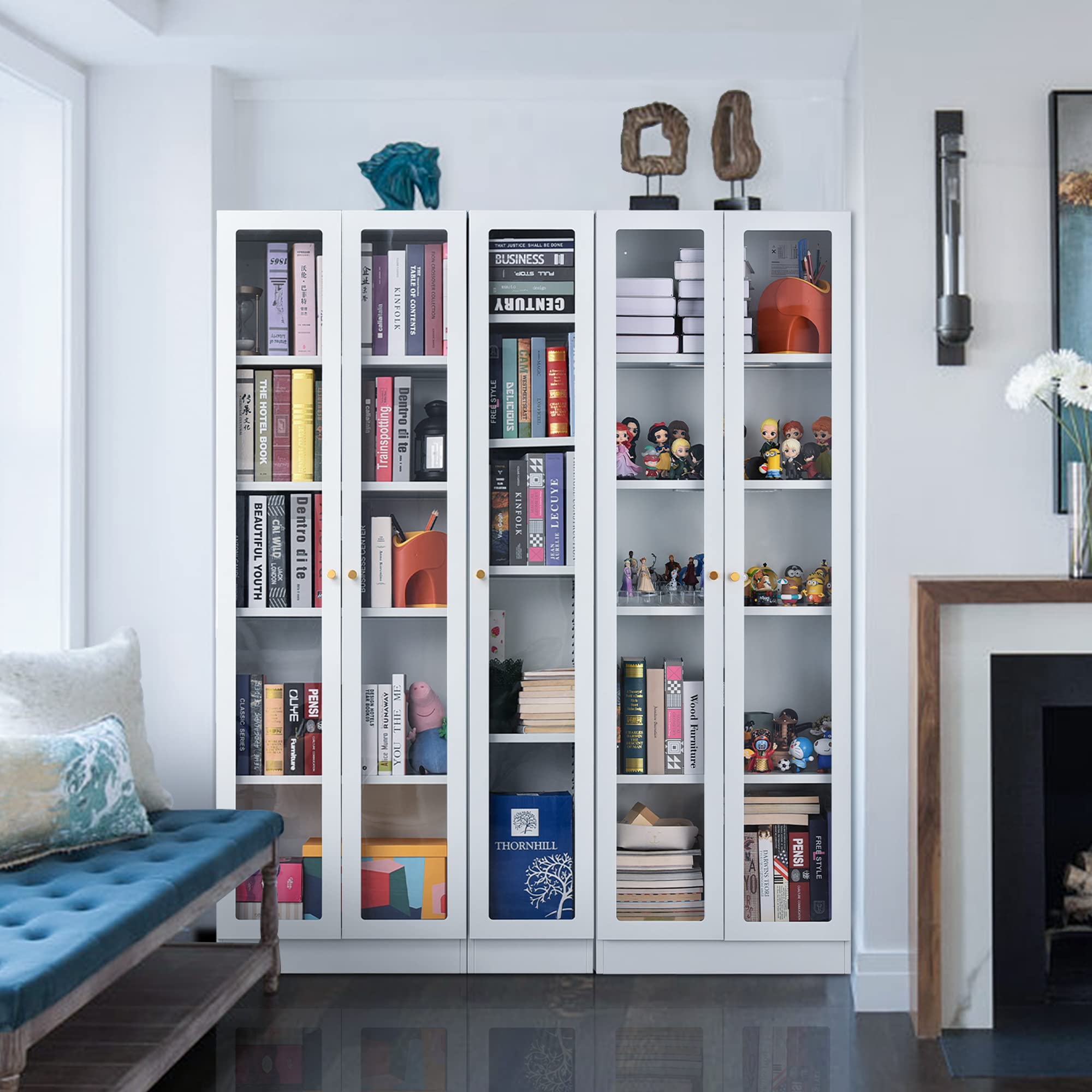 IRONMIX Modern Display Cabinet with Doors, Metal Curio Display Cabinet with Adjustable Shelves, 70.87" H Display Case, White Book Shelf with Storage for Home Office Living Room
