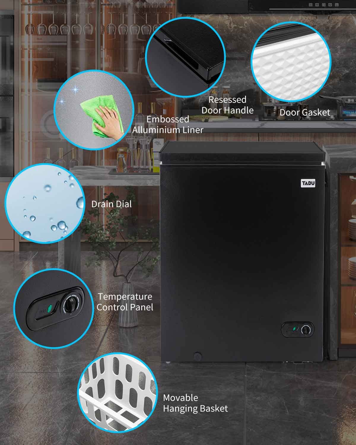 TABU 10.0 Cu Ft Chest Freezer, Deep Freezer with Removable Storage Basket, Top Open Door Chest Freezer, Black Freezer with 7 Level Adjustable Temperature, Compact Freezer with Top Open Door (Black)