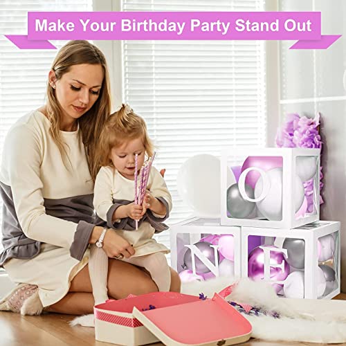 Keencopper First Birthday Decorations For Boy Or Girl, 3 Pcs ONE Balloon Boxes For 1st Birthday, Baby Clear Blocks Party Decor With ONE TWO Letters For Photoshoot Props, Cake Smash Backdrop