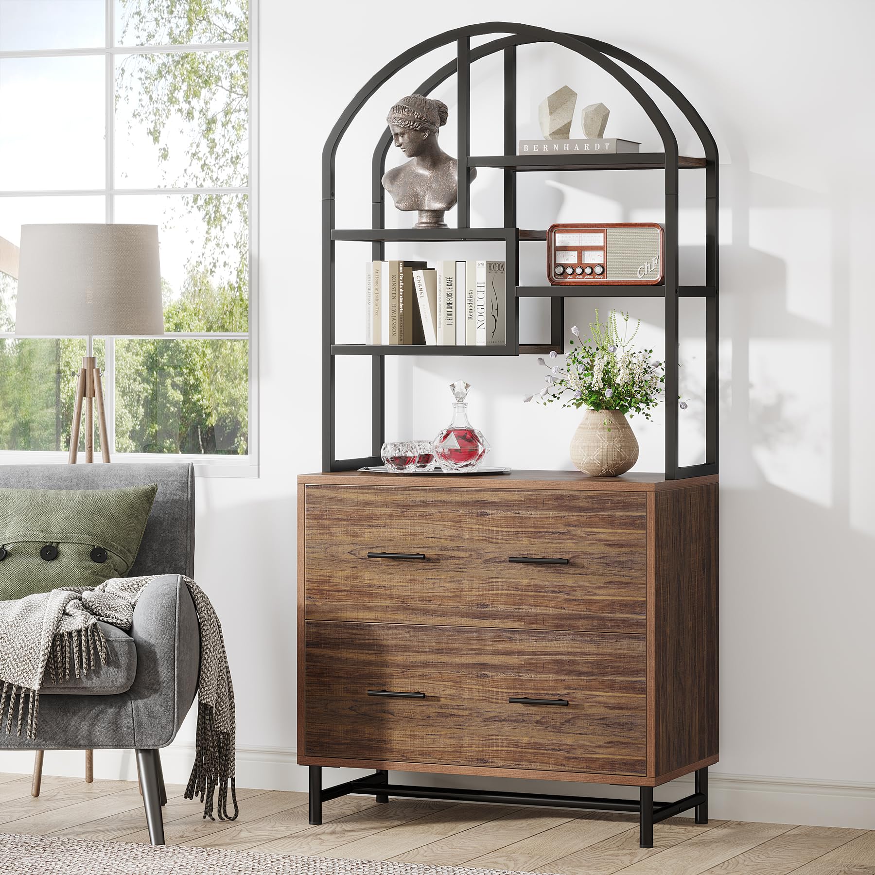 Tribesigns 4-Tier Bookshelf with 2 Drawers, Industrial Open Book Shelf Arched Bookcase, 70.8" Tall Storage Shelves Display Rack with LED Light and Metal Frame for Living Room (1, Grey)