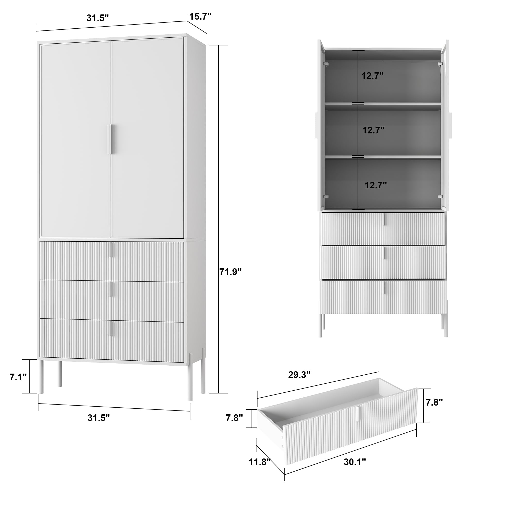 ECACAD Modern Bookcase Storage Cabinet with 2 Glass Doors and 3 Ripple Drawers, Wood Bookshelf Display Cabinet with Metal Legs for Living Room & Office, Black (31.5”L x 15.7”W x 71.9”H)