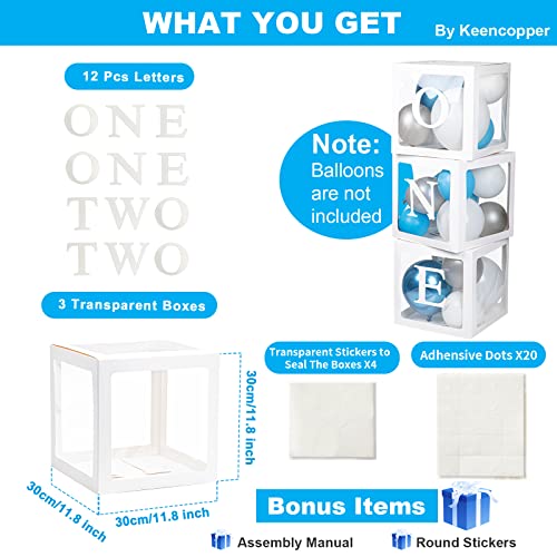 Keencopper First Birthday Decorations For Boy Or Girl, 3 Pcs ONE Balloon Boxes For 1st Birthday, Baby Clear Blocks Party Decor With ONE TWO Letters For Photoshoot Props, Cake Smash Backdrop